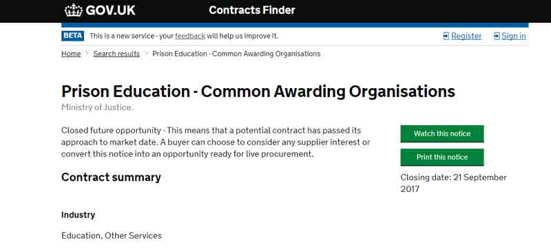 Tender delay with single awarding organisation plan for prisons